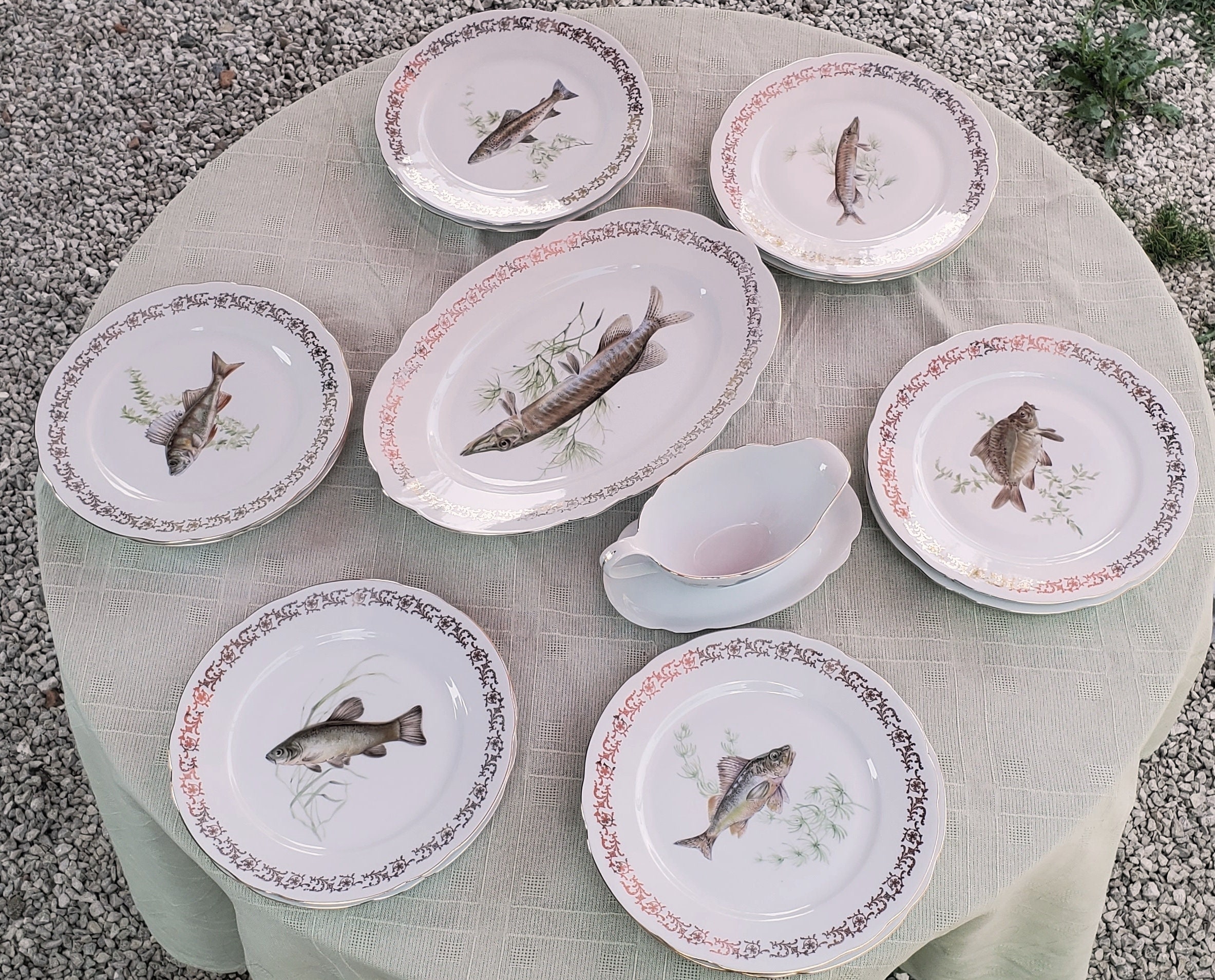 Full Set of 12 Porcelain Fish Plates, Platter and Jug by Schumann of ...