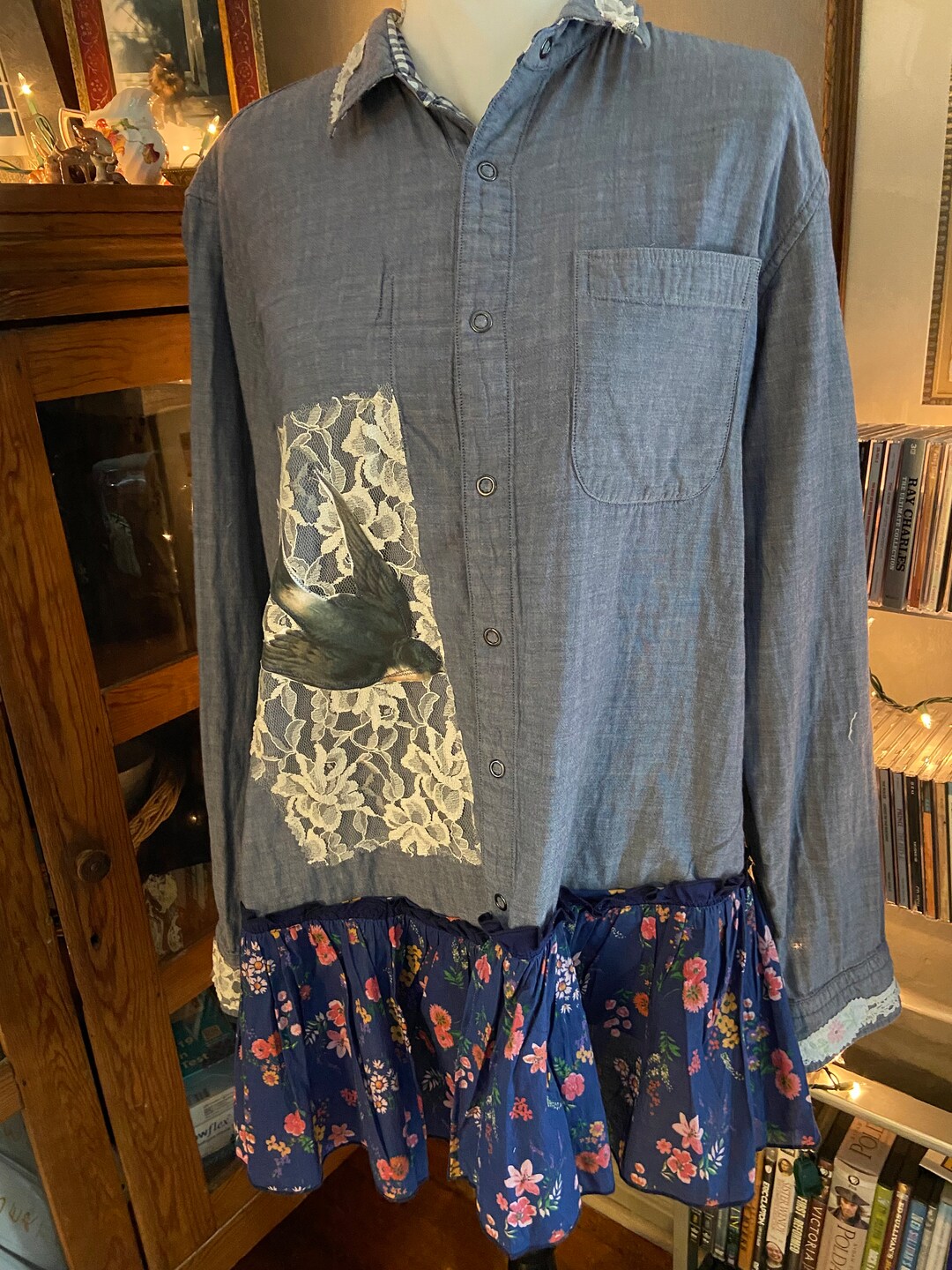 Redesigned Snap up Shirt W Vintage Embroidered Kitten, Flowers. Lace ...