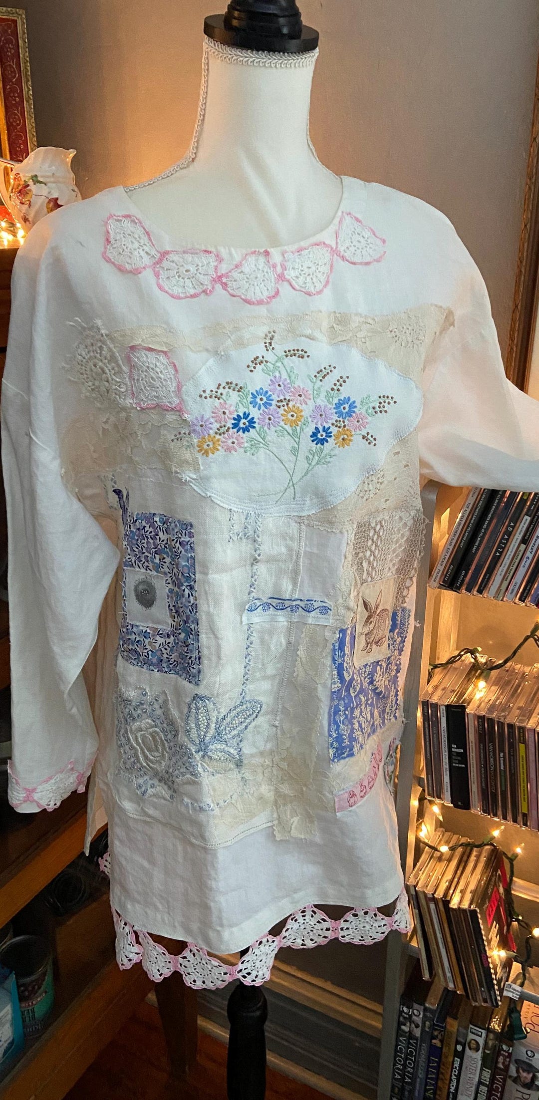 Redesigned White Linen Top Romantic Vintage Floral Linens Shabby ...