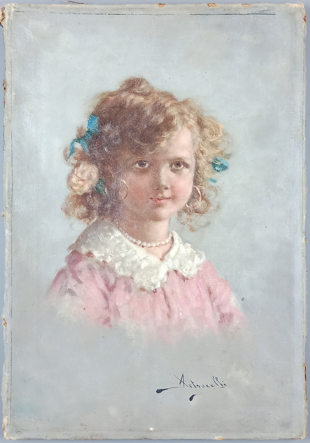 Antique Painting "portrait of a Girl in a Pink Dress" Achille ...