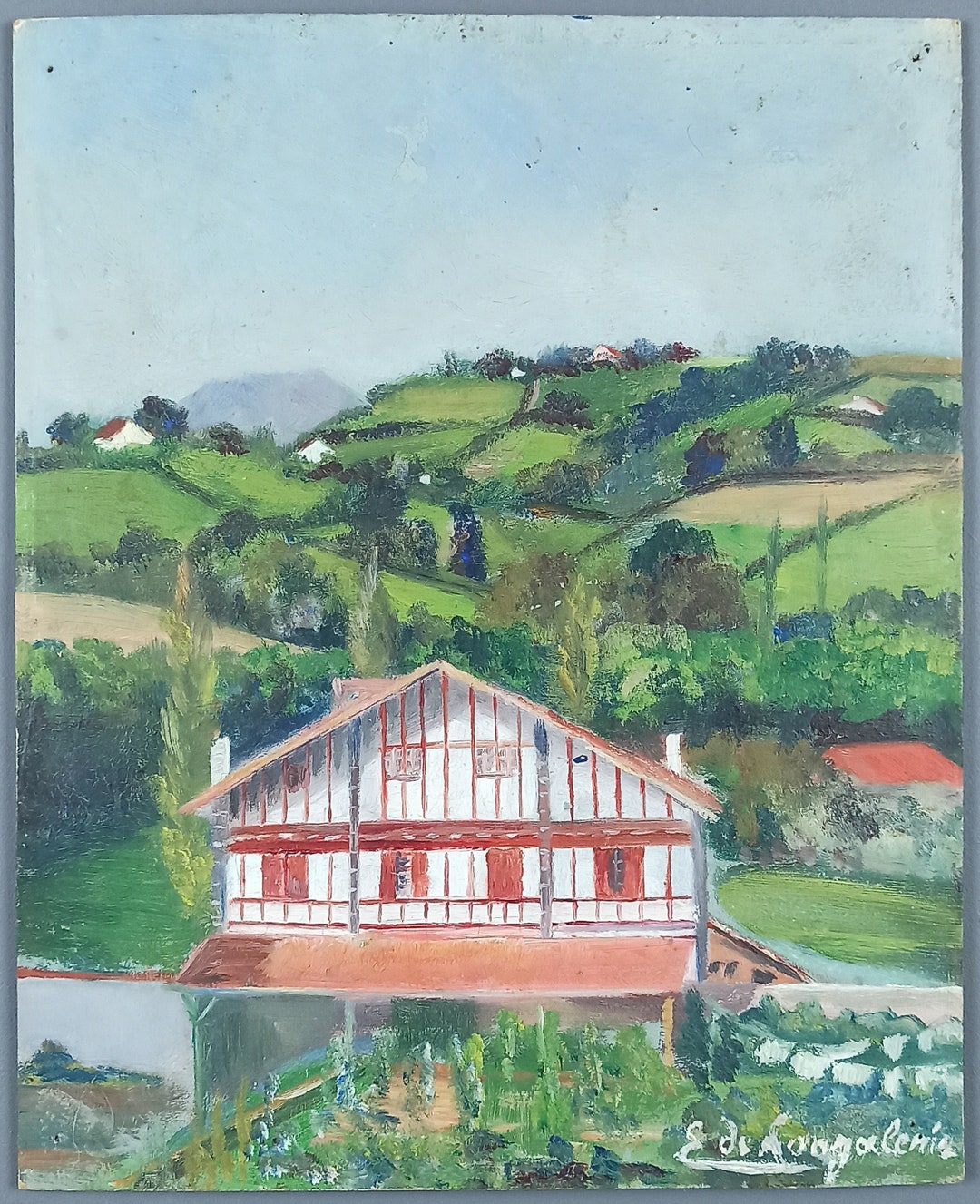 Antique Painting "house in the Basque Country" Oil Panel Original Old ...