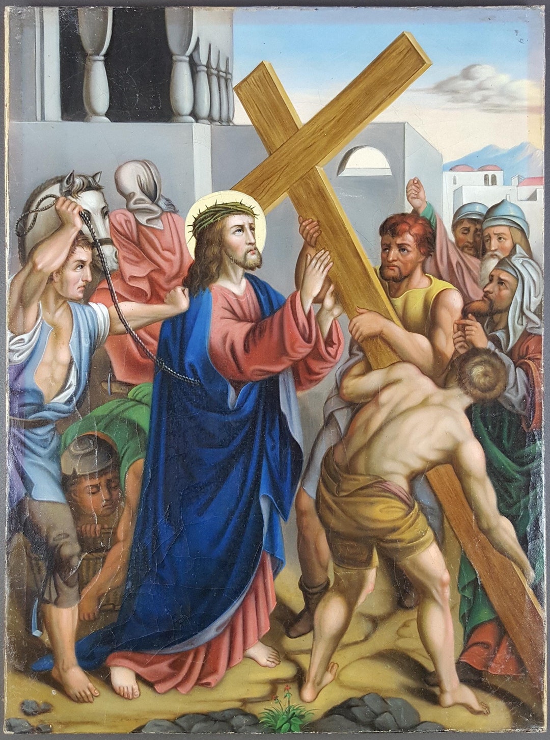 Antique Painting "simon of Cyrene Helps Jesus Carry the Cross" Oil ...