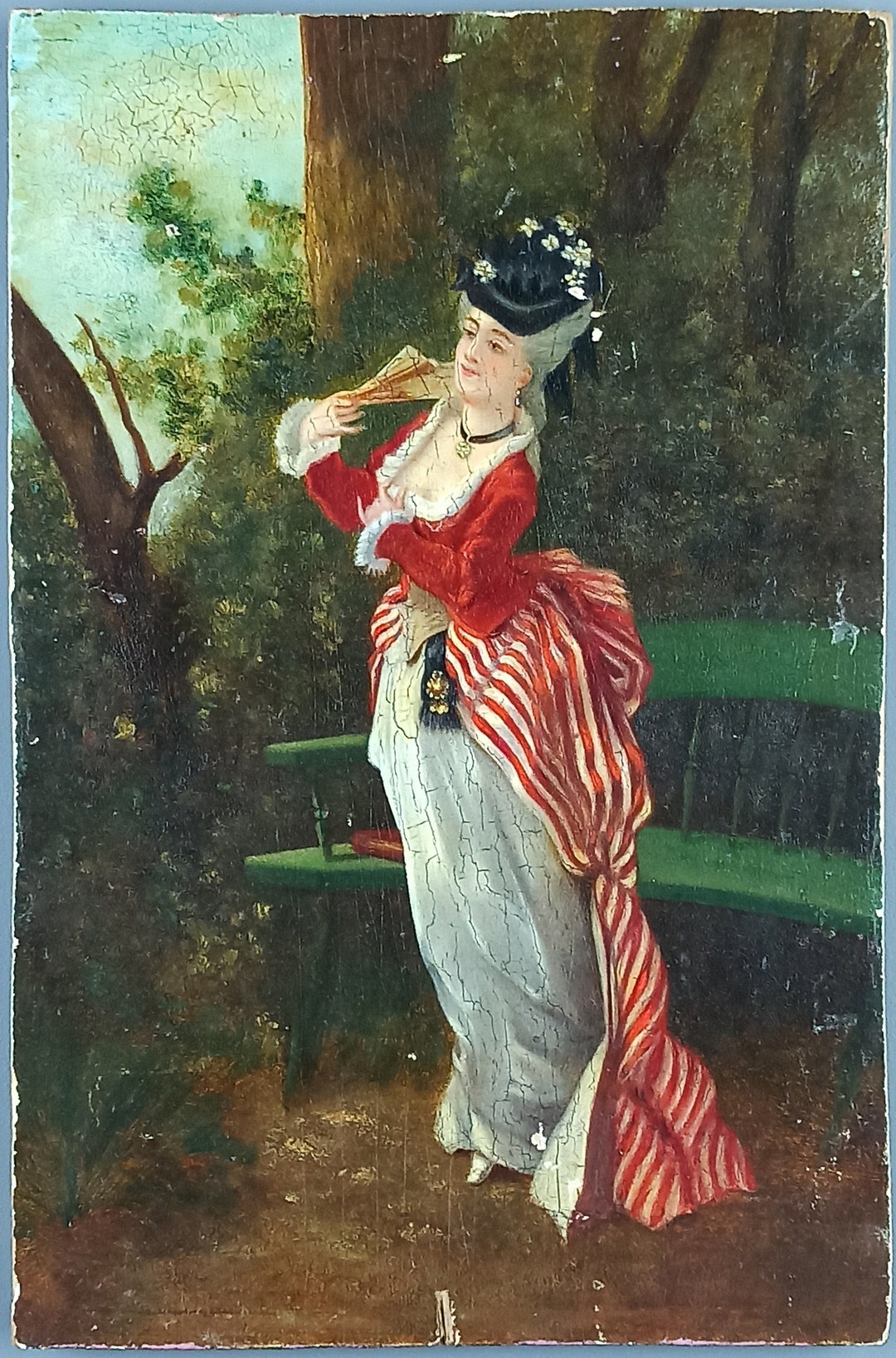 Antique Painting "lady With a Fan" Oil Panel Original Woman - Etsy