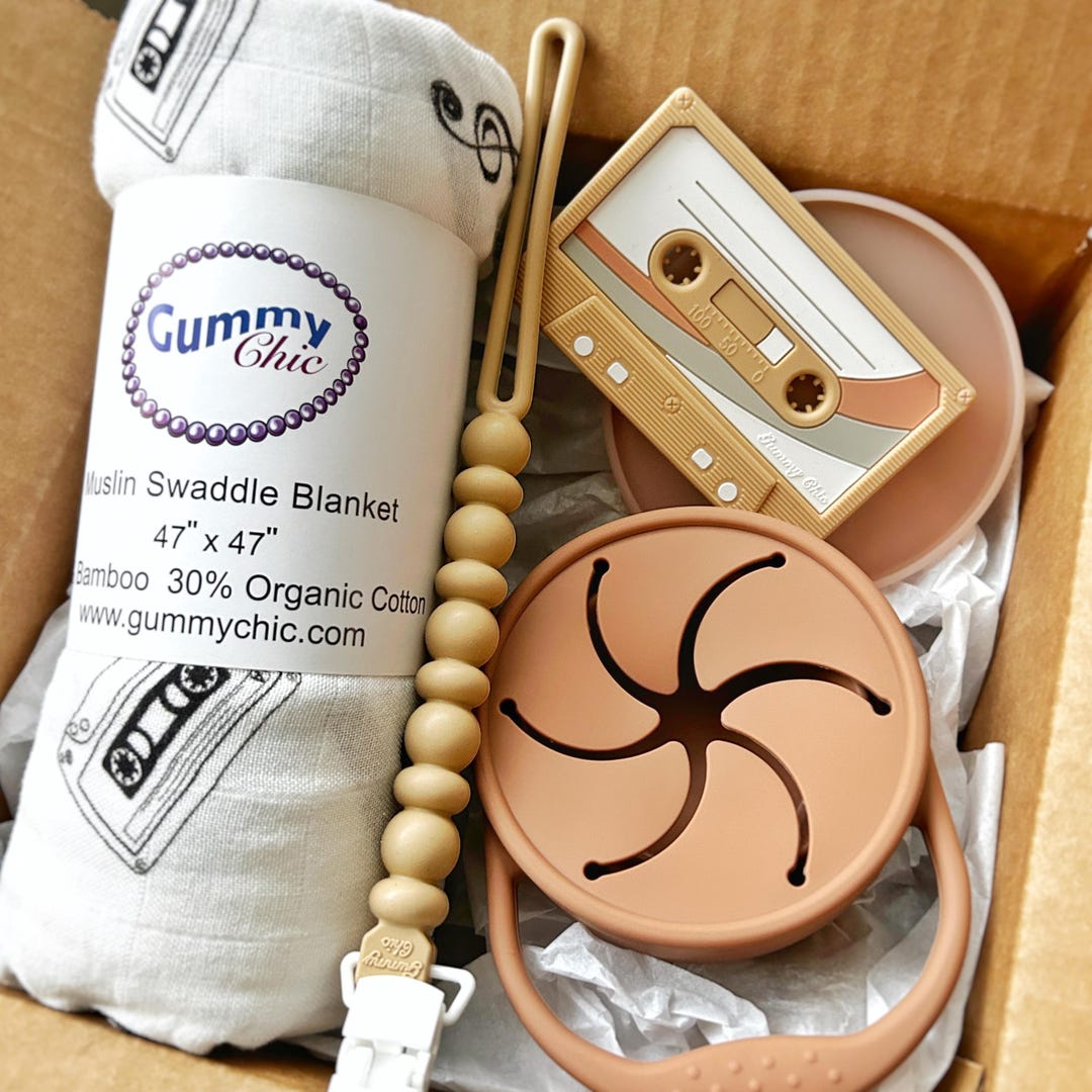 Cassette Tape Baby Gift Set, Gift Box:muslin Blanket, Silicone Toy ...