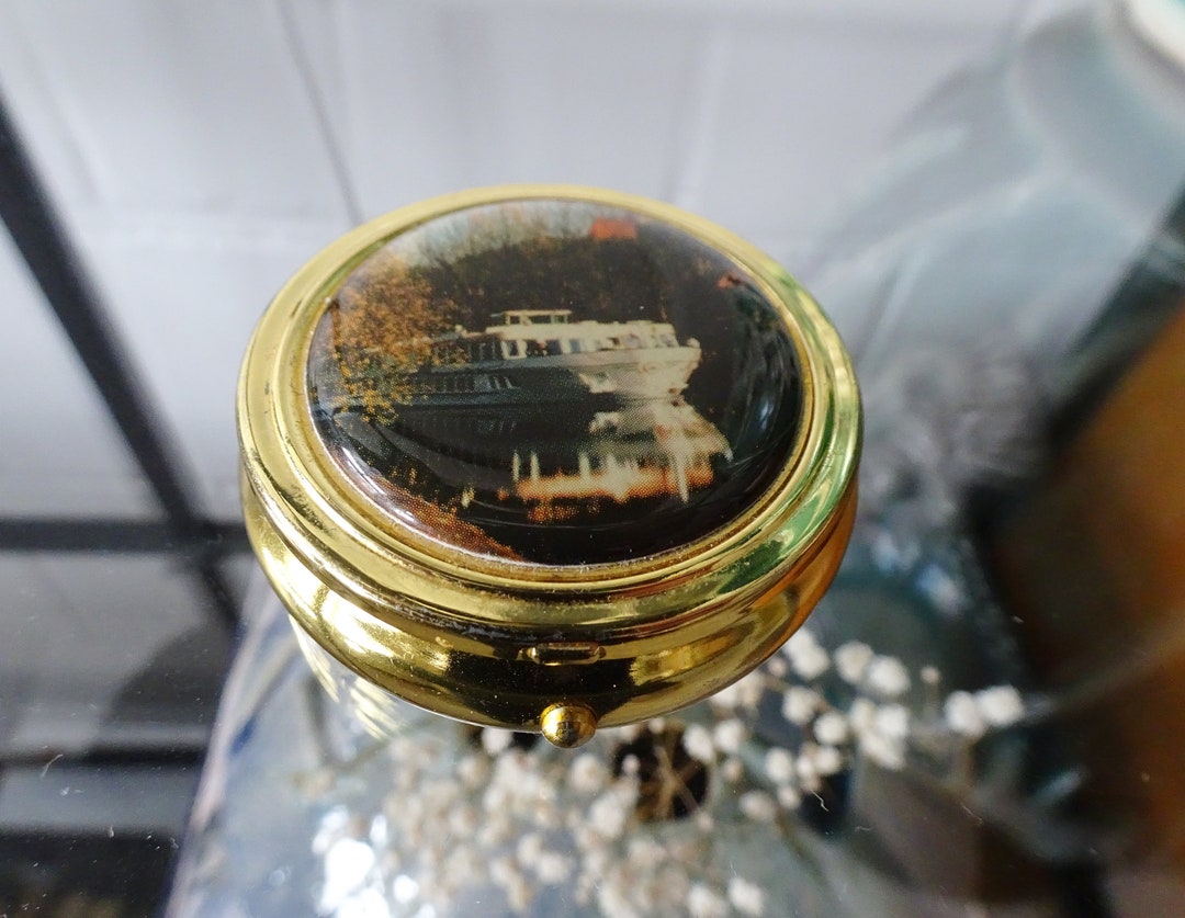 Pill Box in Gold Color With Ship Motif, Vintage Pill Boxes Divided - Etsy