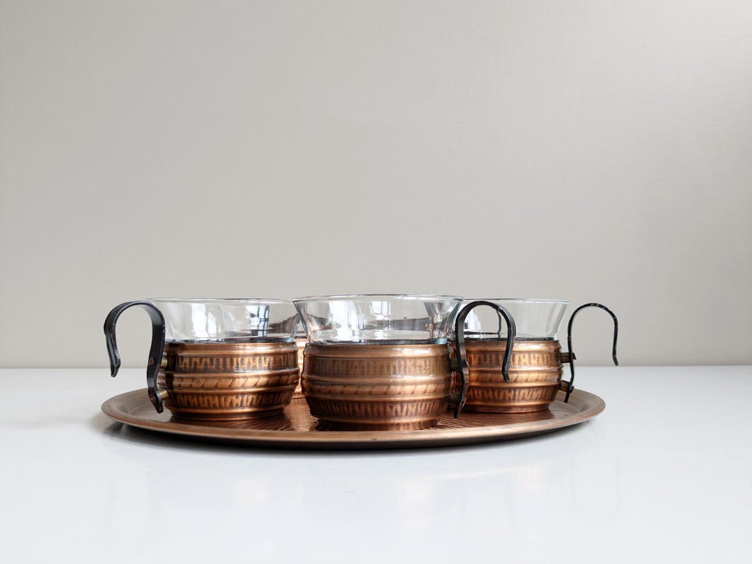 Copper Tea Service, Tea Cups With Tray, Copper Cup With Glass Insert - Etsy