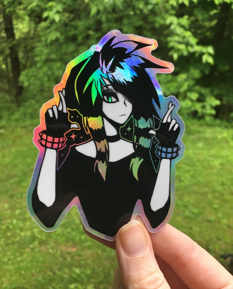 Holographic Fingers Crossed Emo Girl Sticker | Etsy