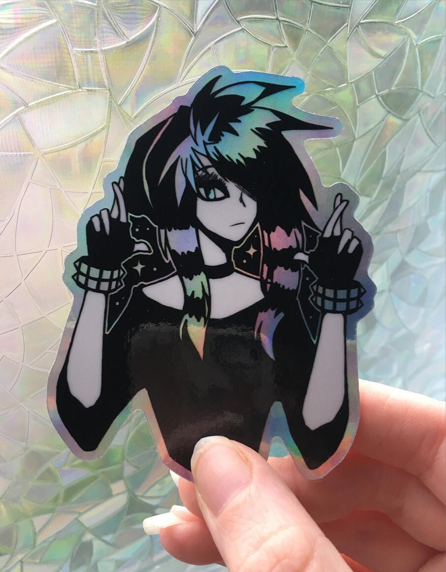 Holographic Fingers Crossed Emo Girl Sticker - Etsy