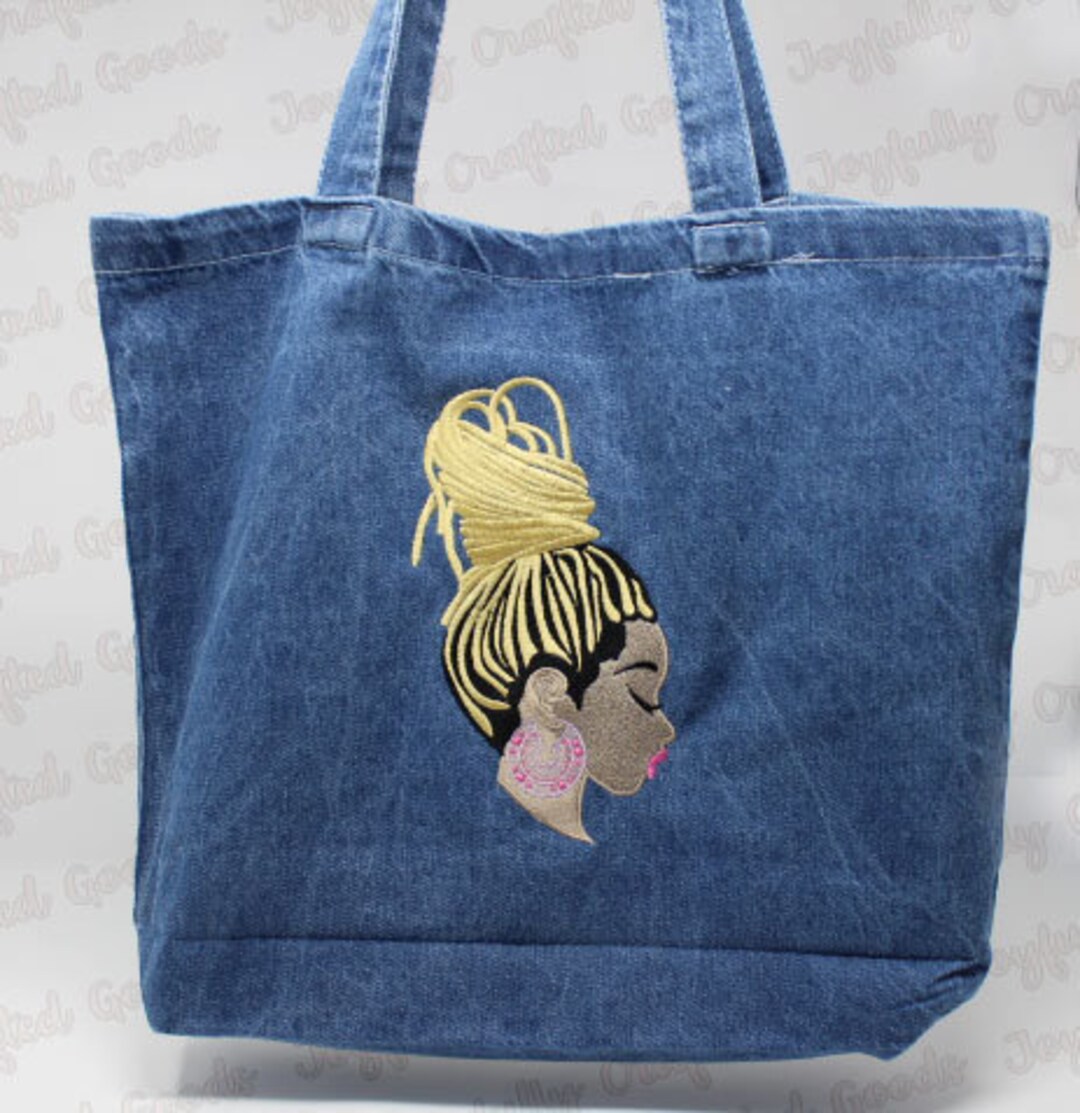 Denim Embroidered Tote Bag | Loc Girl Design - Etsy