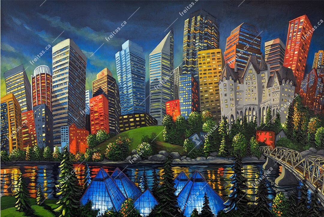 Edmonton Skyline at Night Limited Edition Paper Art Print Painting by ...