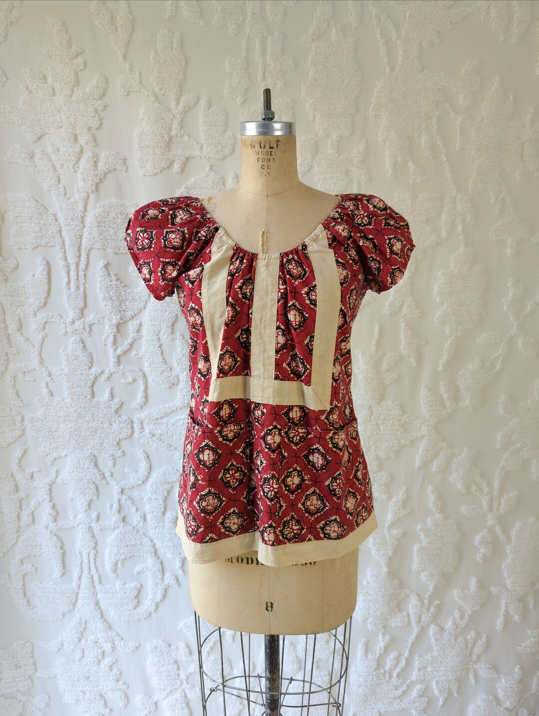 Vintage 1970s Handmade Puff Sleeve Batik Print Smock Top 60s 70's Red ...
