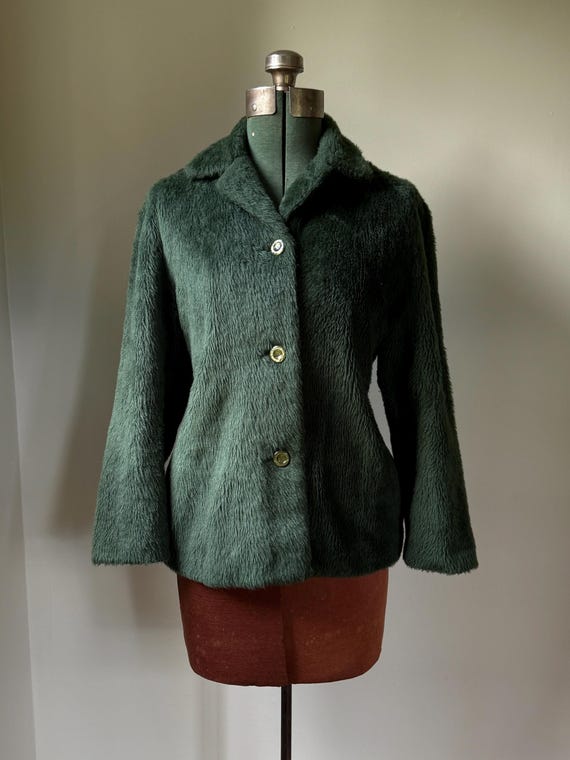 1960s Dark Green Faux Fur Fuzzy Pile Jacket / M - Gem