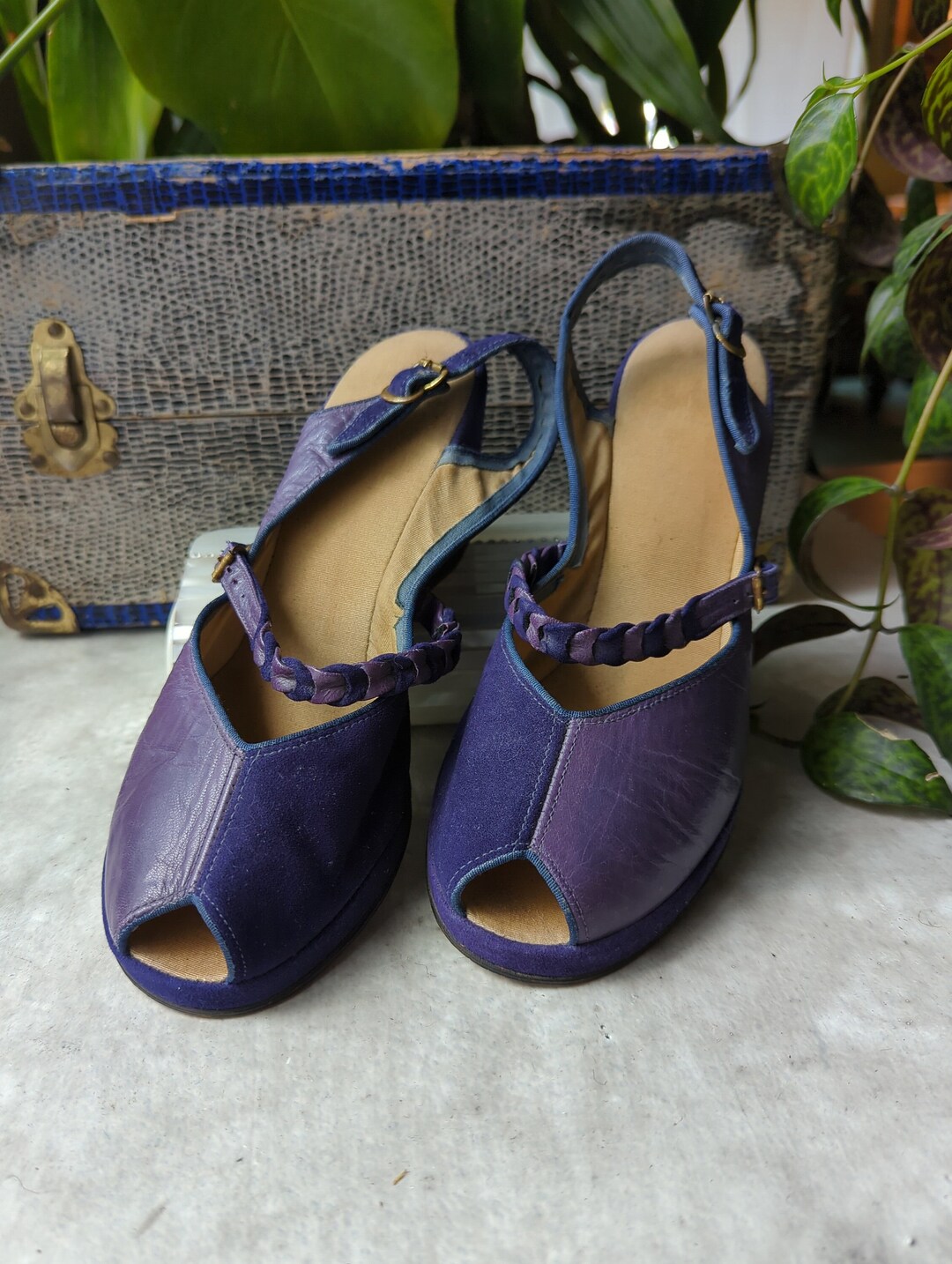 Vintage 1940s Two Tone Purple Leather Wedge Sandals Double Buckle ...