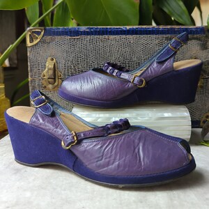 Vintage 1940s Two Tone Purple Leather Wedge Sandals Double Buckle ...