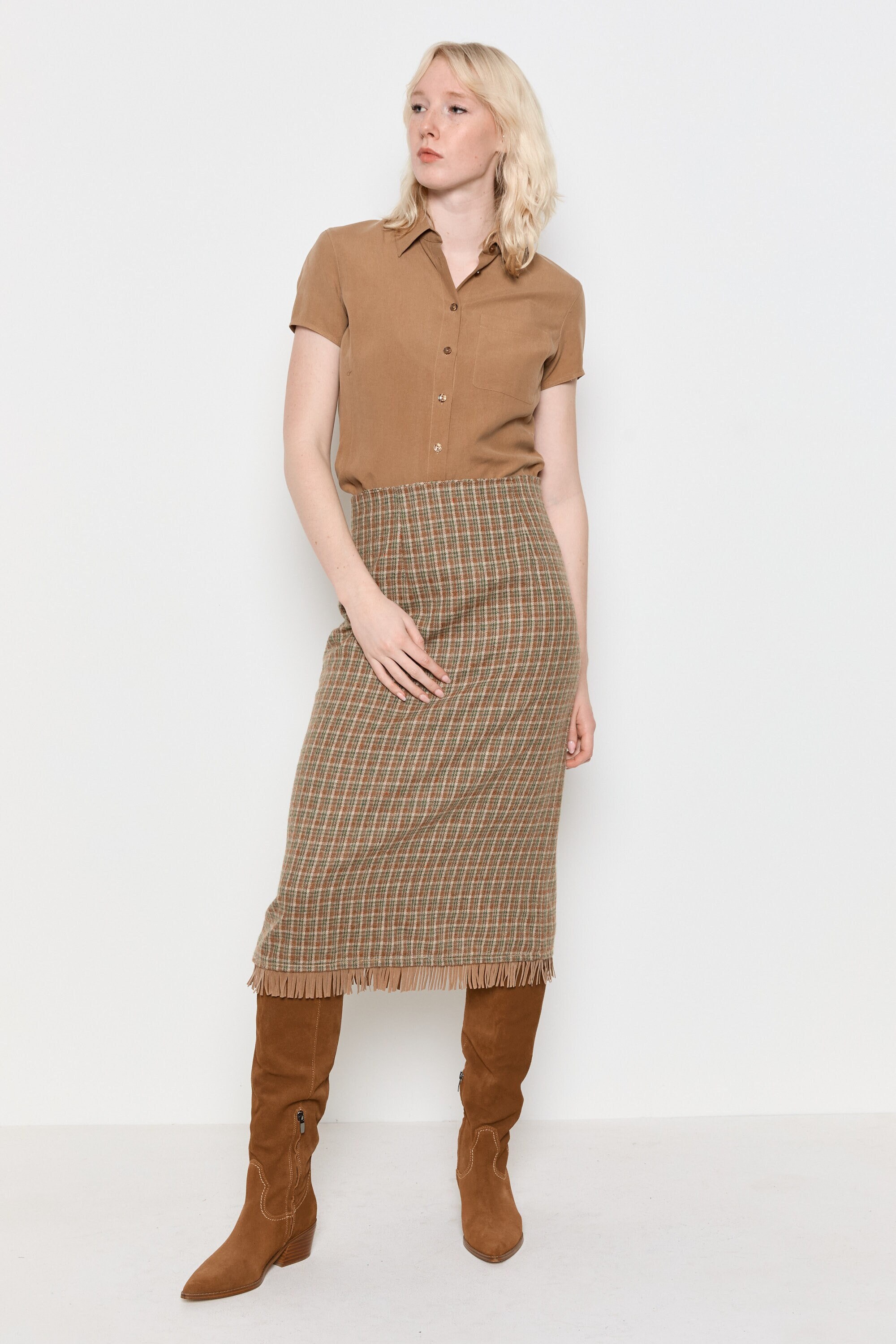 70s Tan Plaid Wool Fringe Midi Skirt M - Etsy