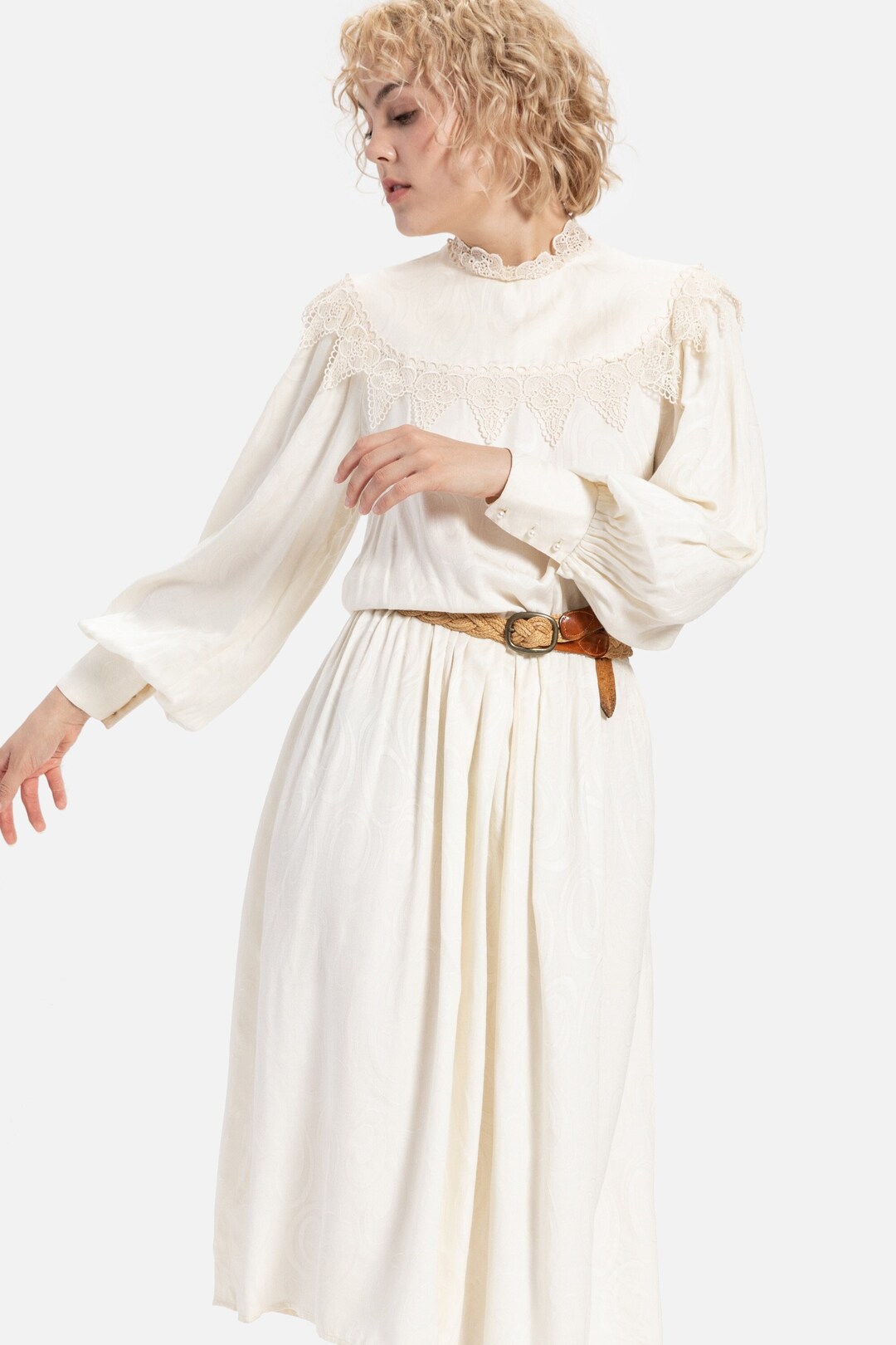 70s Cream Victorian Dress S - Etsy