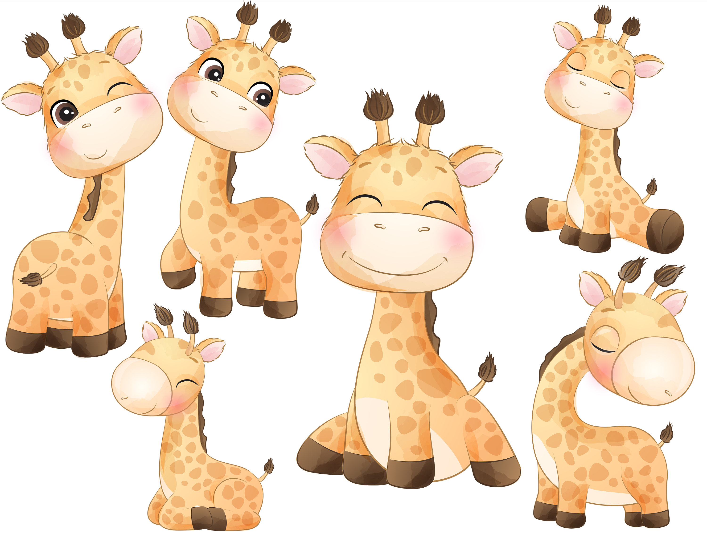 Cute Doodle Giraffe Poses Clipart With Watercolor Illustration - Etsy ...
