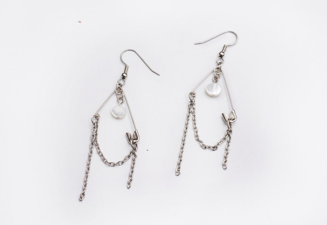 Safety Pin Dangle Earrings With Chain and Pearl Bead, Alternative ...