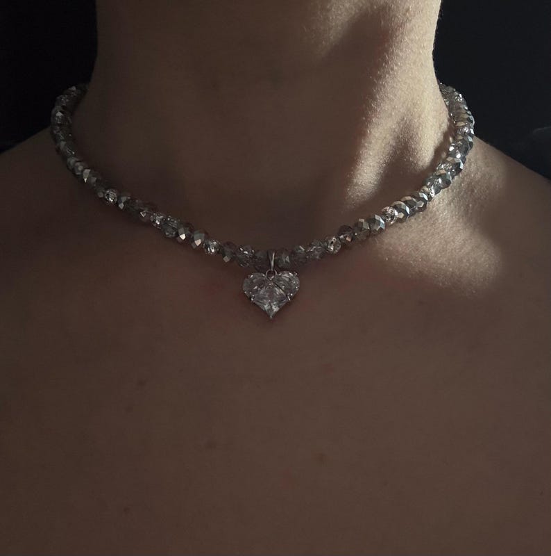 Crystal Heart Pendant Choker Necklace Set With Silver Lava Beads - Etsy