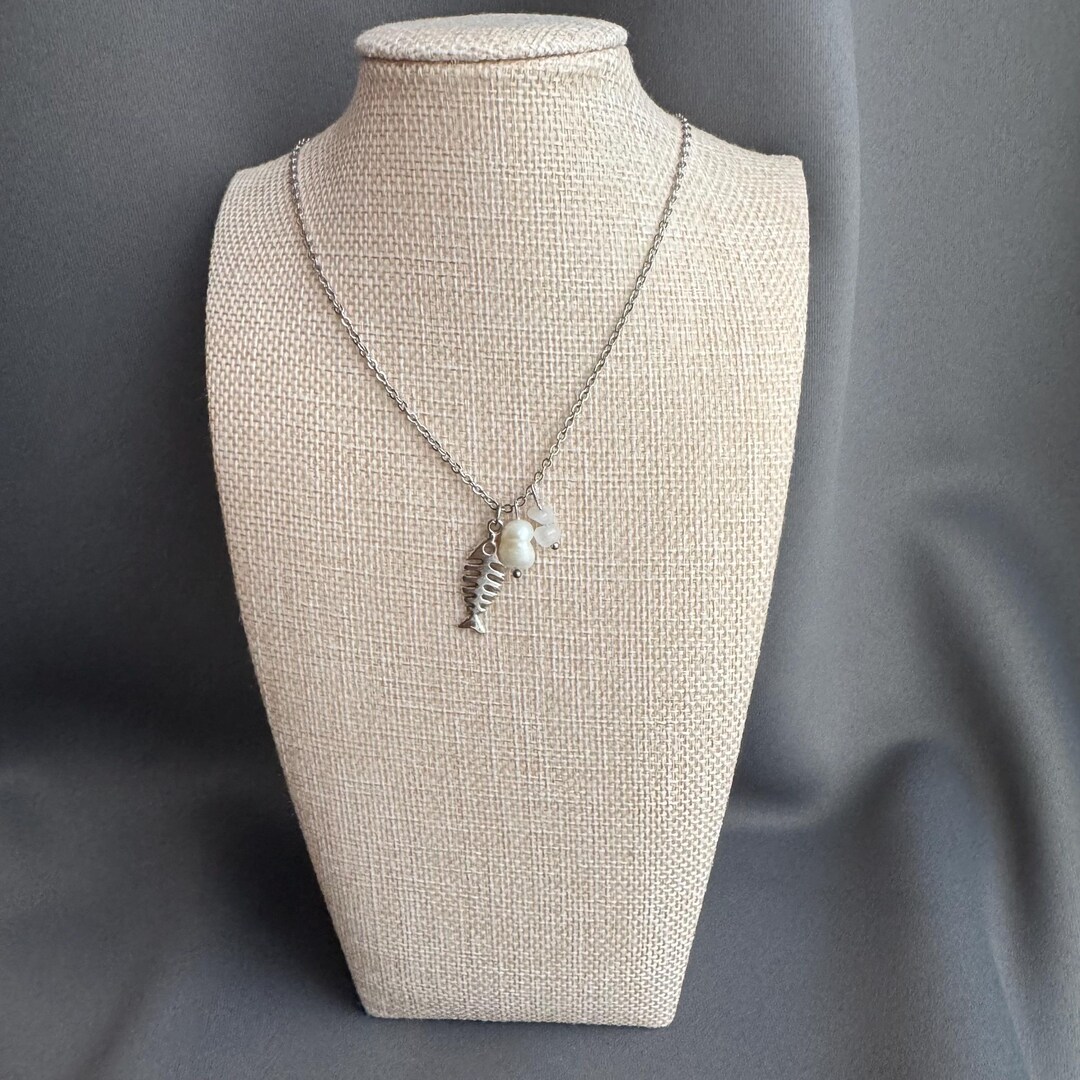Dainty Pearl & Fishbone Pendent Necklace, Minimalist Fish Lover Jewelry ...