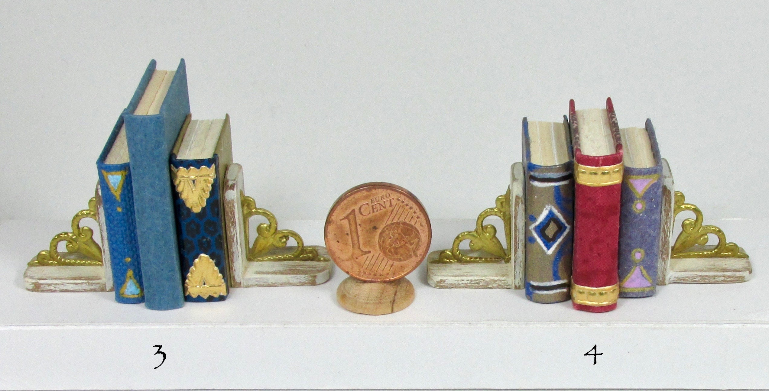 Pair of miniature bookends with books, handmade, 1/12 scale