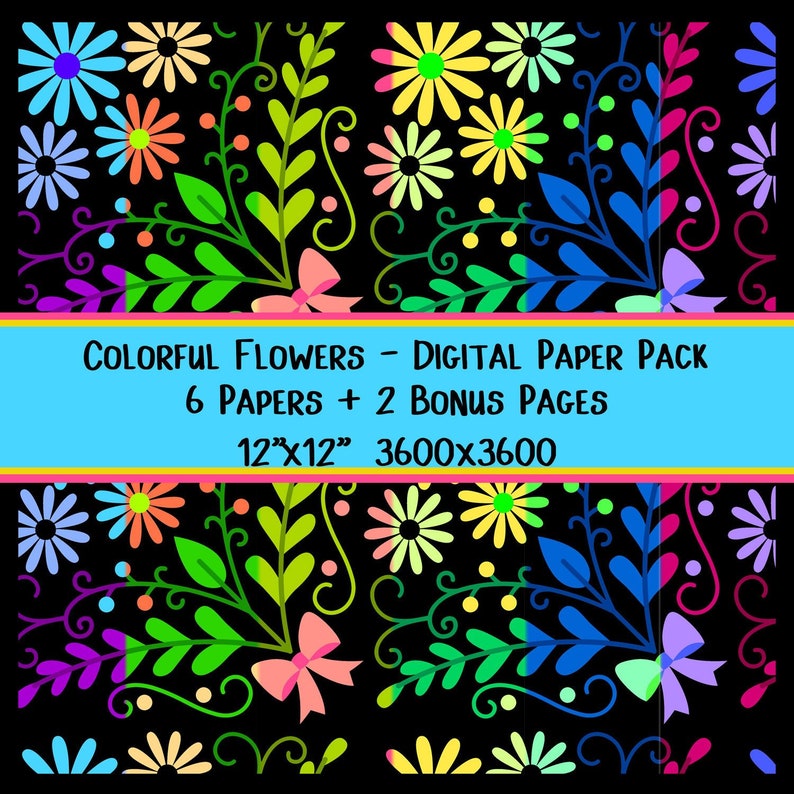 Bright Colorful Flower Paper Blue Floral Paper Pack Green - Etsy