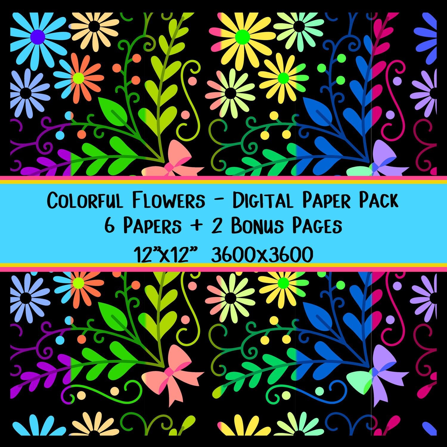 Bright Colorful Flower Paper Blue Floral Paper Pack Green - Etsy