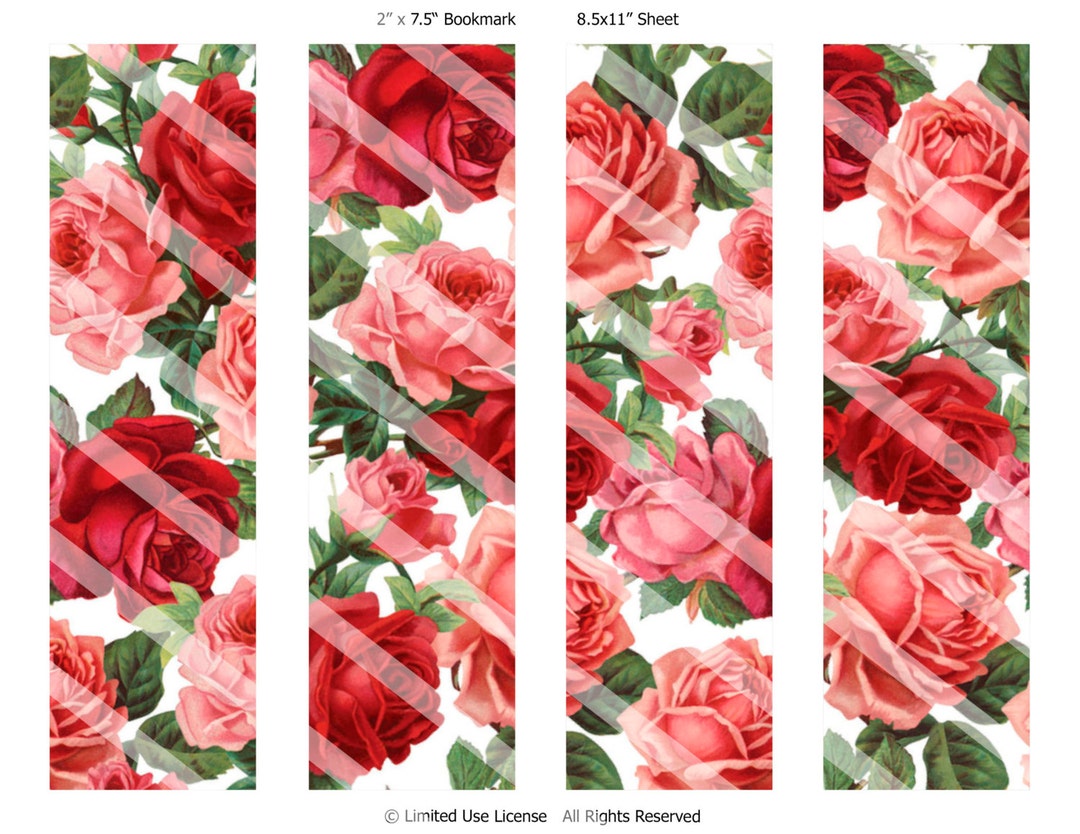 Rose Bookmarks: Printable Floral Collage Sheet (digital Download 2x7.5 ...