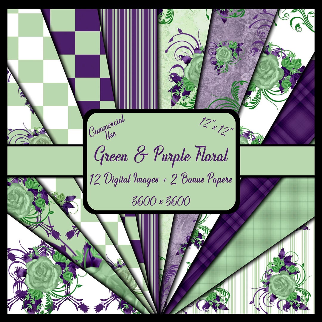 Green & Purple Floral Digital Paper Pack: Shabby Chic Backgrounds ...