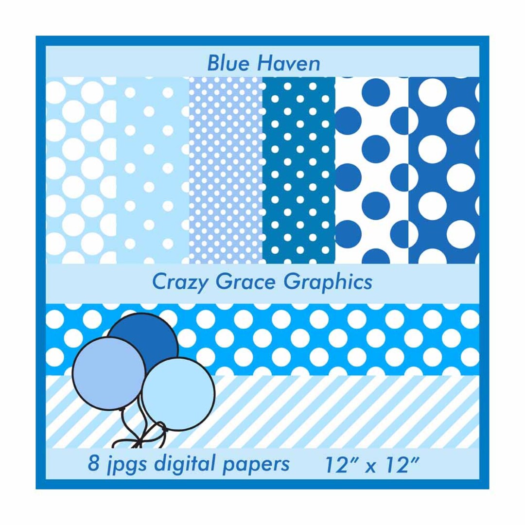 Blue Polka Dot & Stripe Digital Paper Pack: 12x12 Scrapbook Backgrounds ...