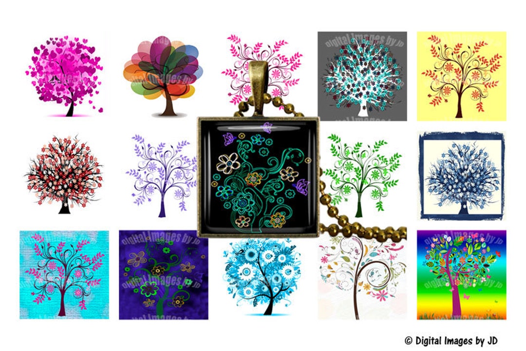 Colorful Trees Digital Collage Sheet 1" Square, Printable, Download for ...