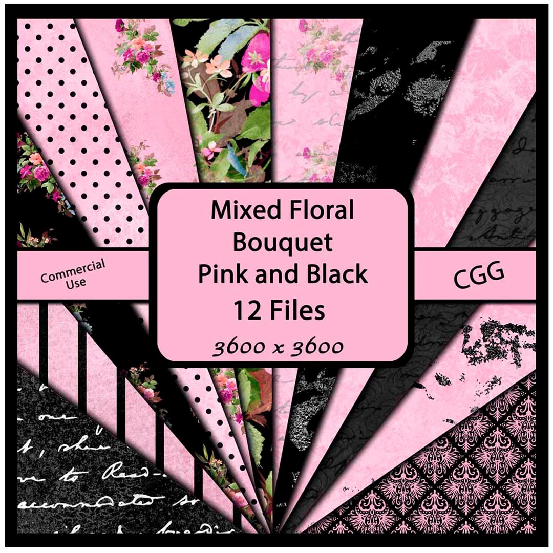 Pink and Black Floral Digital Paper Pack: Scrapbook & Wedding ...