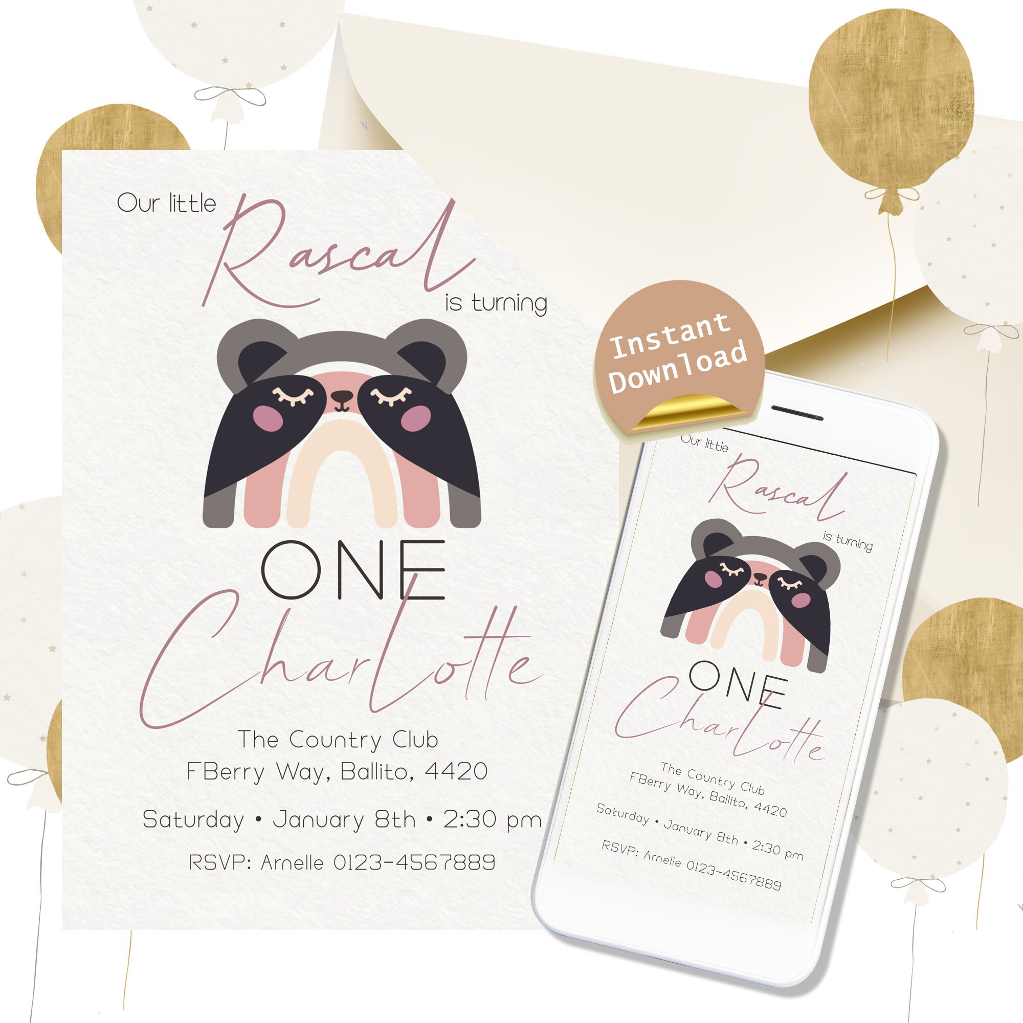 Our Little Rascal Rainbow Animal Birthday Party Invite - Editable ...