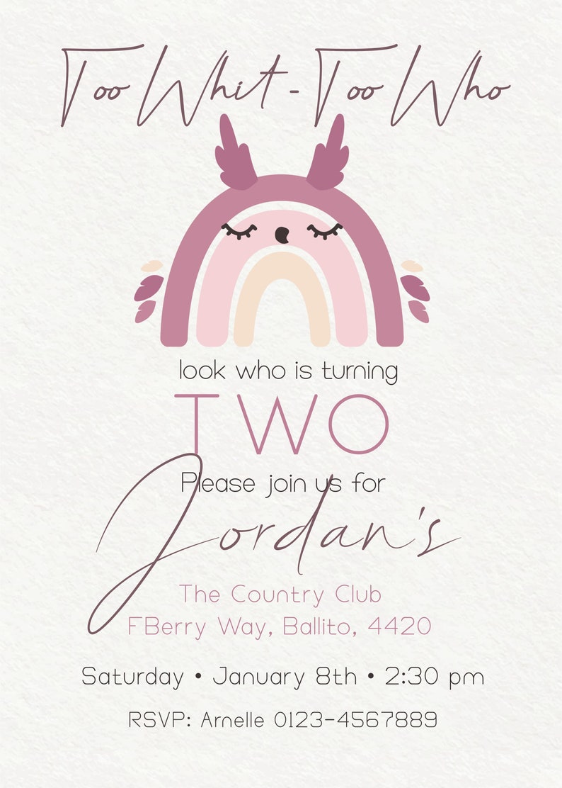 Too Whit - Too Whoo Owl Rainbow Animal Birthday Party Invite - Editable ...