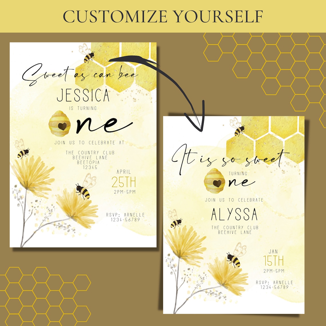Honey BEE Themed First Birthday Party Invitation Customizable, Editable ...