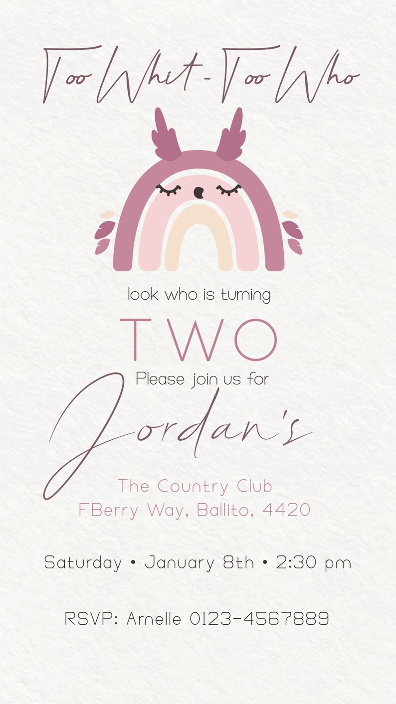 Too Whit - Too Whoo Owl Rainbow Animal Birthday Party Invite - Editable ...