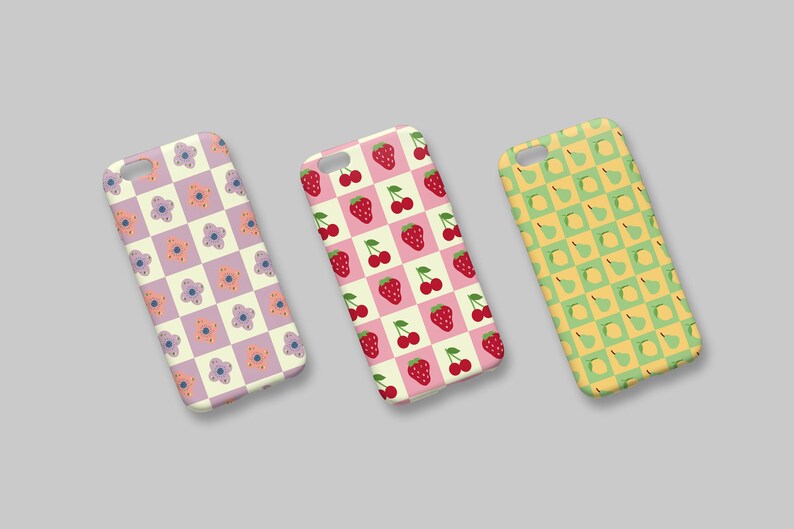 Strawberry & Cherry Checkered Pattern Print Phone Case Cute | Etsy