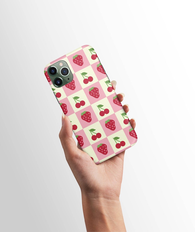 Strawberry & Cherry Checkered Pattern Print Phone Case Cute | Etsy