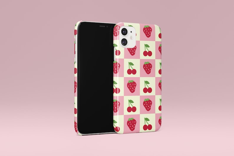 Strawberry & Cherry Checkered Pattern Print Phone Case Cute | Etsy