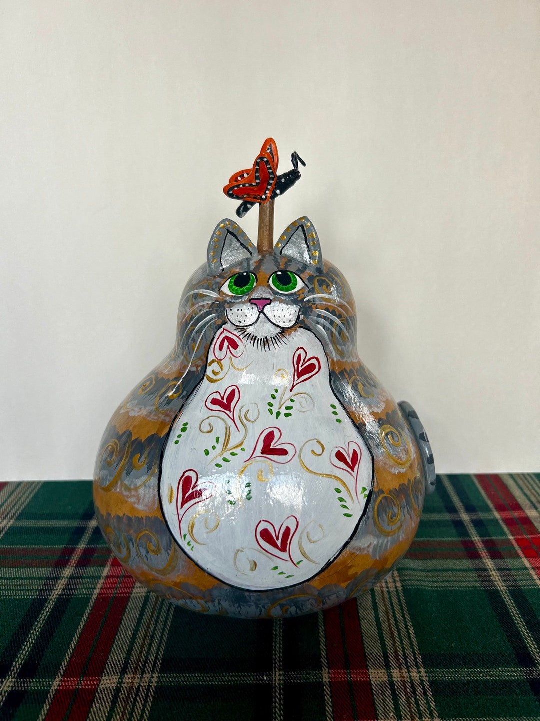 Gourd Art - Gray Cat - Painted Cat Gourd - Hearts - Mother's Day Gift ...