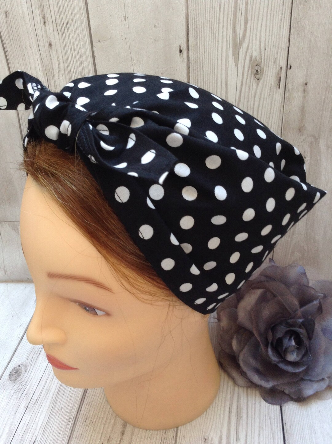 Vintage Style Retro Handmade Black and White Polka Dot Headscarf, Land ...