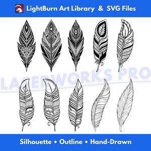 Feather Outline Designs | Lightburn Art Library & SVG Files (digital ...