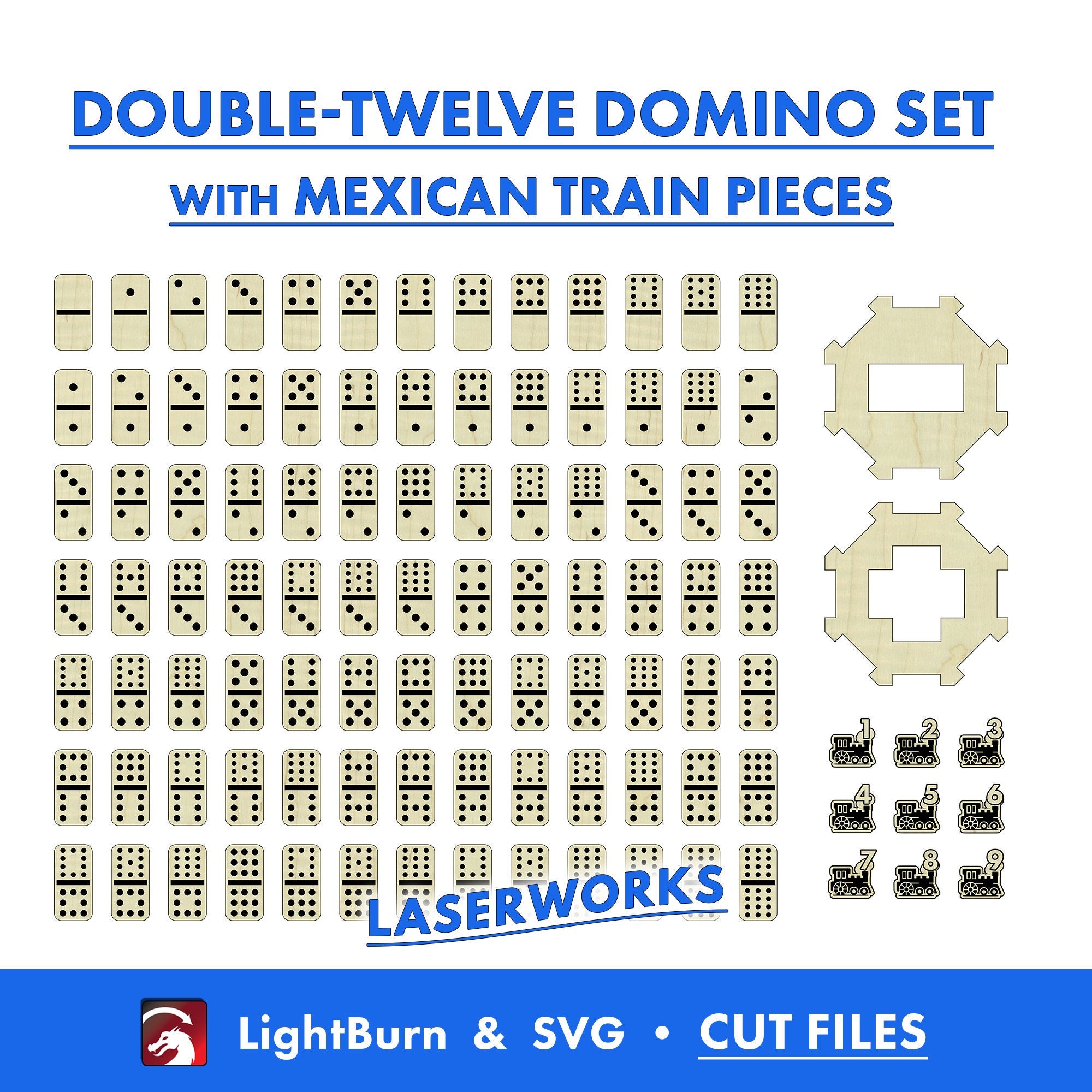 Double 12 Domino Set and Mexican Train Hub, Laser Cut Files, Lightburn ...