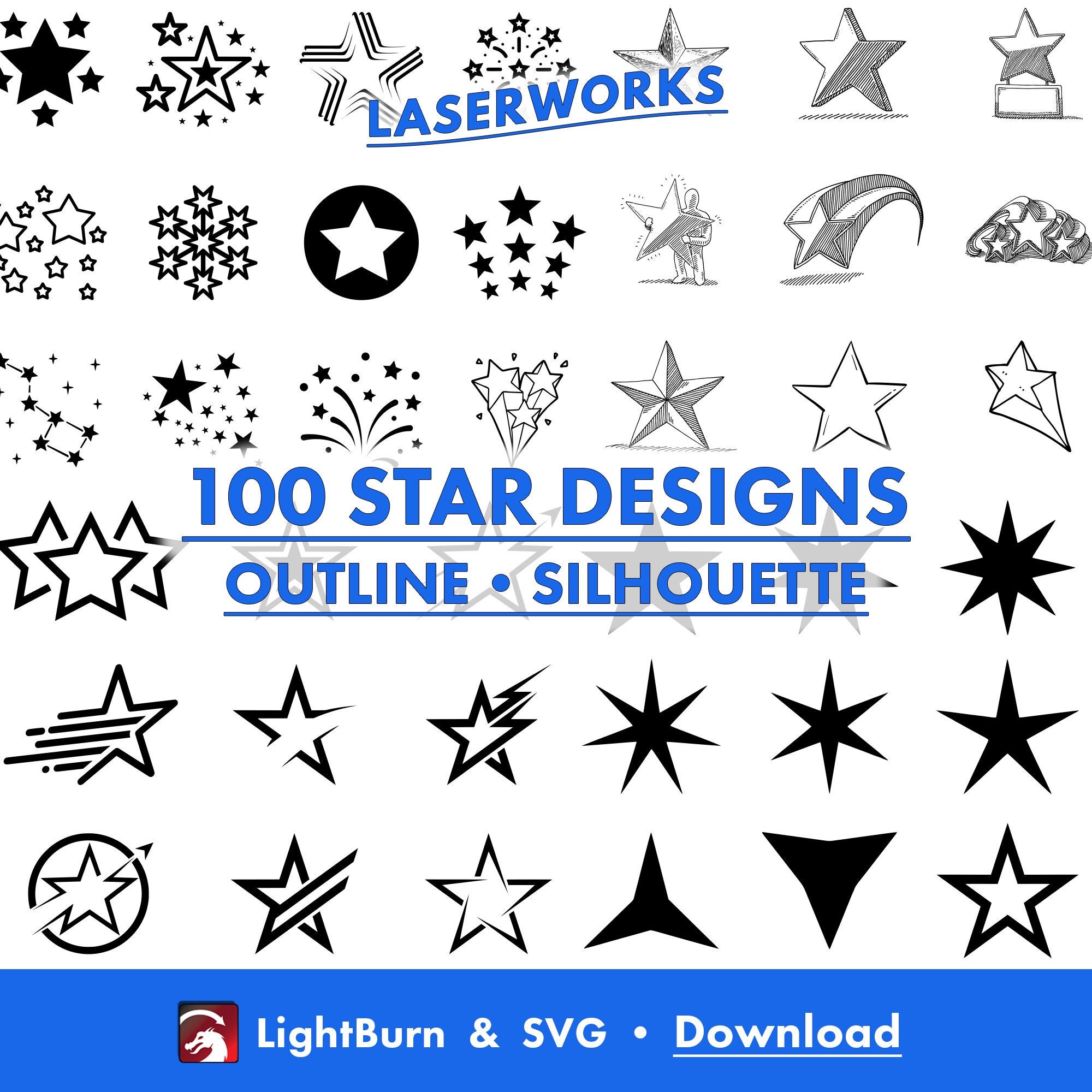 100 Star Designs, Outline, Silhouette Lightburn Art Library Digital ...