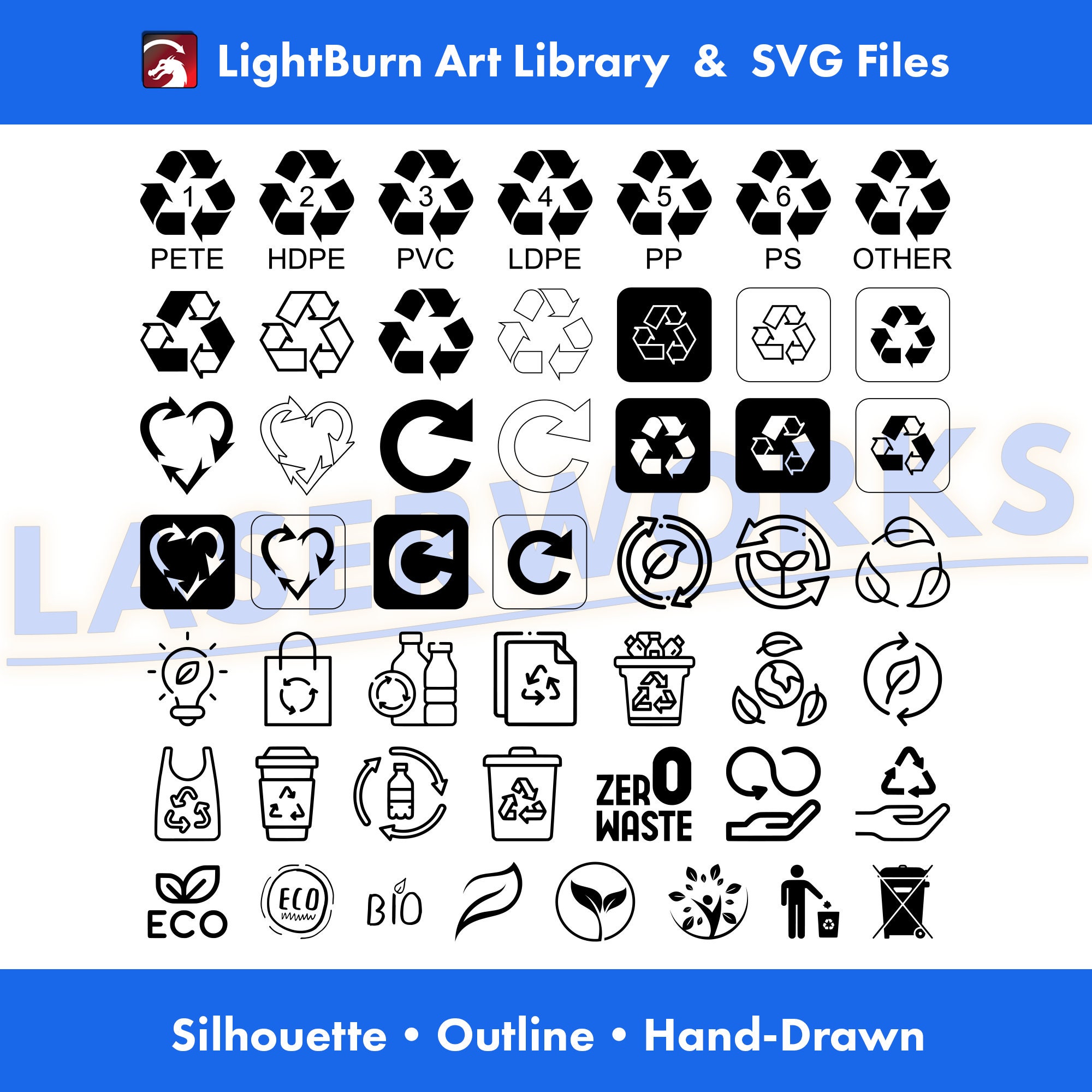 50 Recycle Designs, Lightburn Art Library Download & SVG Files, Plastic ...