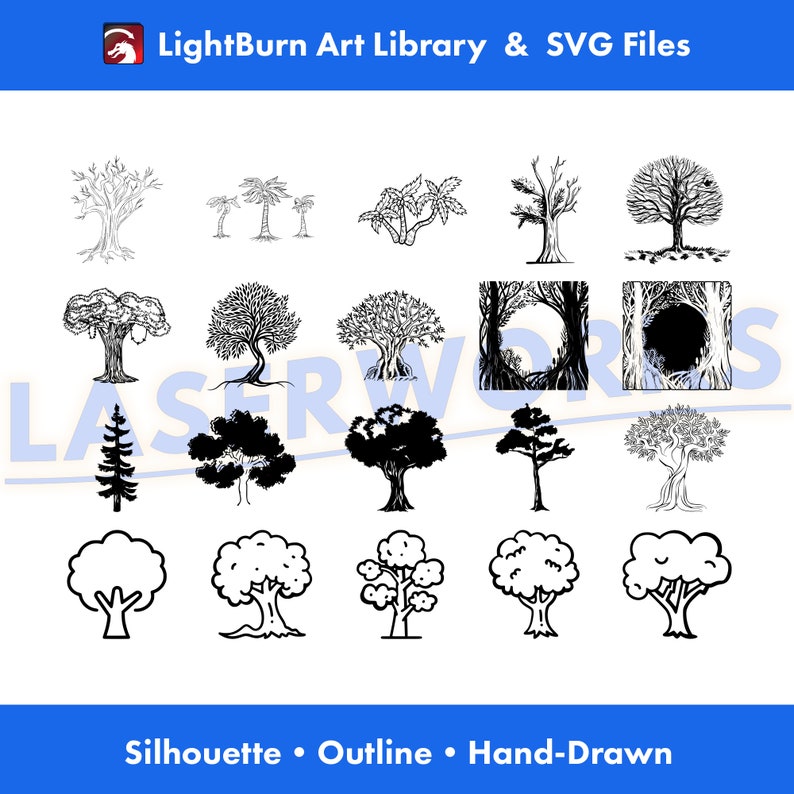 100 Tree Designs: Hand-drawn Outlines and Silhouettes | Lightburn Art ...