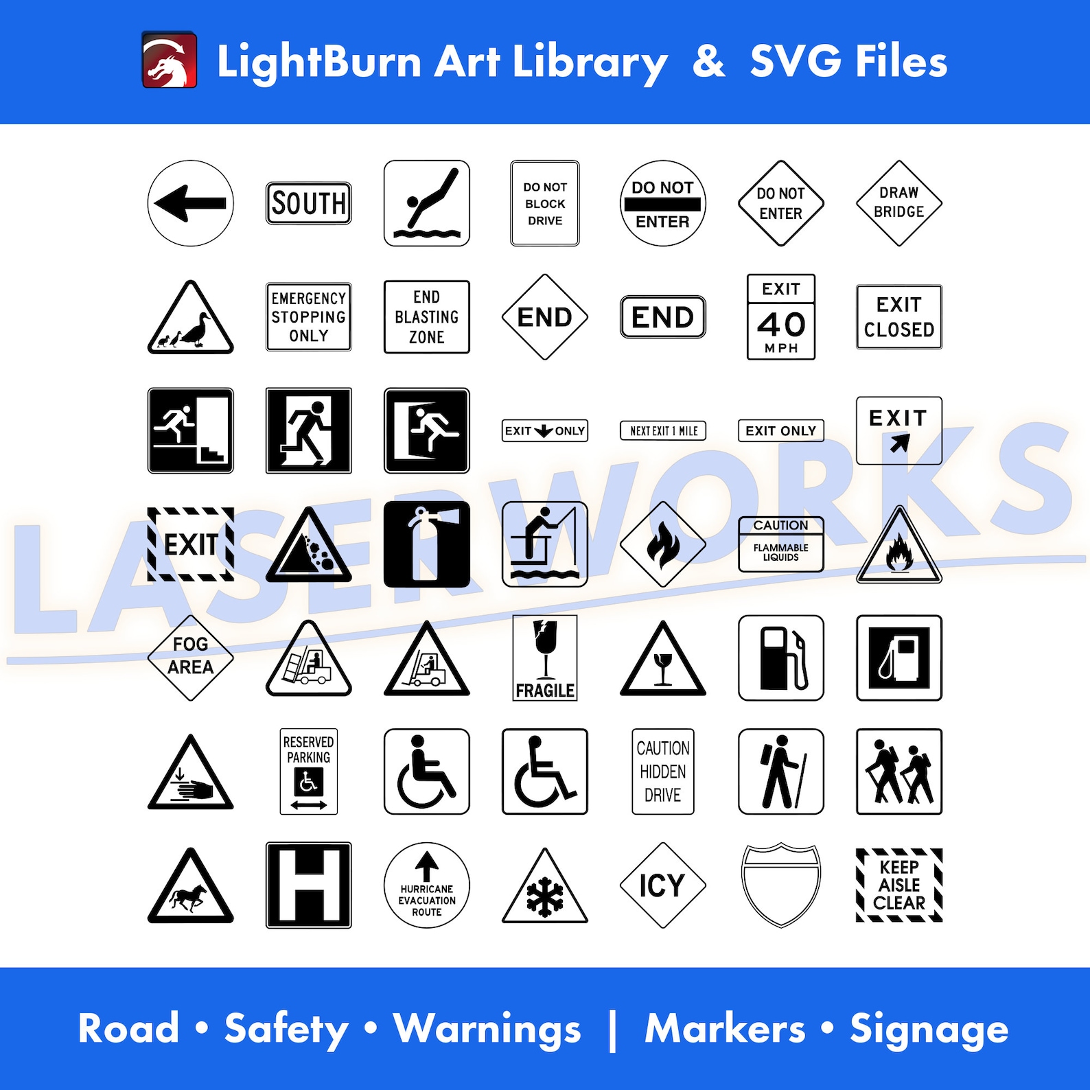 Marker Signs, Lightburn Art Library & SVG Files, Hazard, Caution, Exit ...