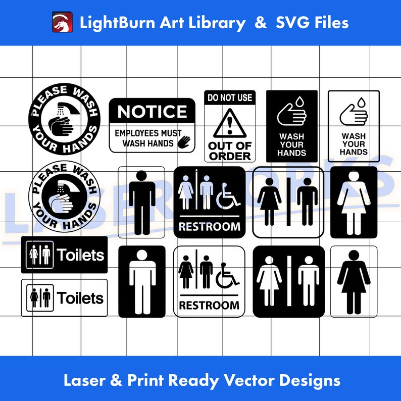 Restroom Wash Hands Marker Signs, Lightburn Art Library Digital File ...