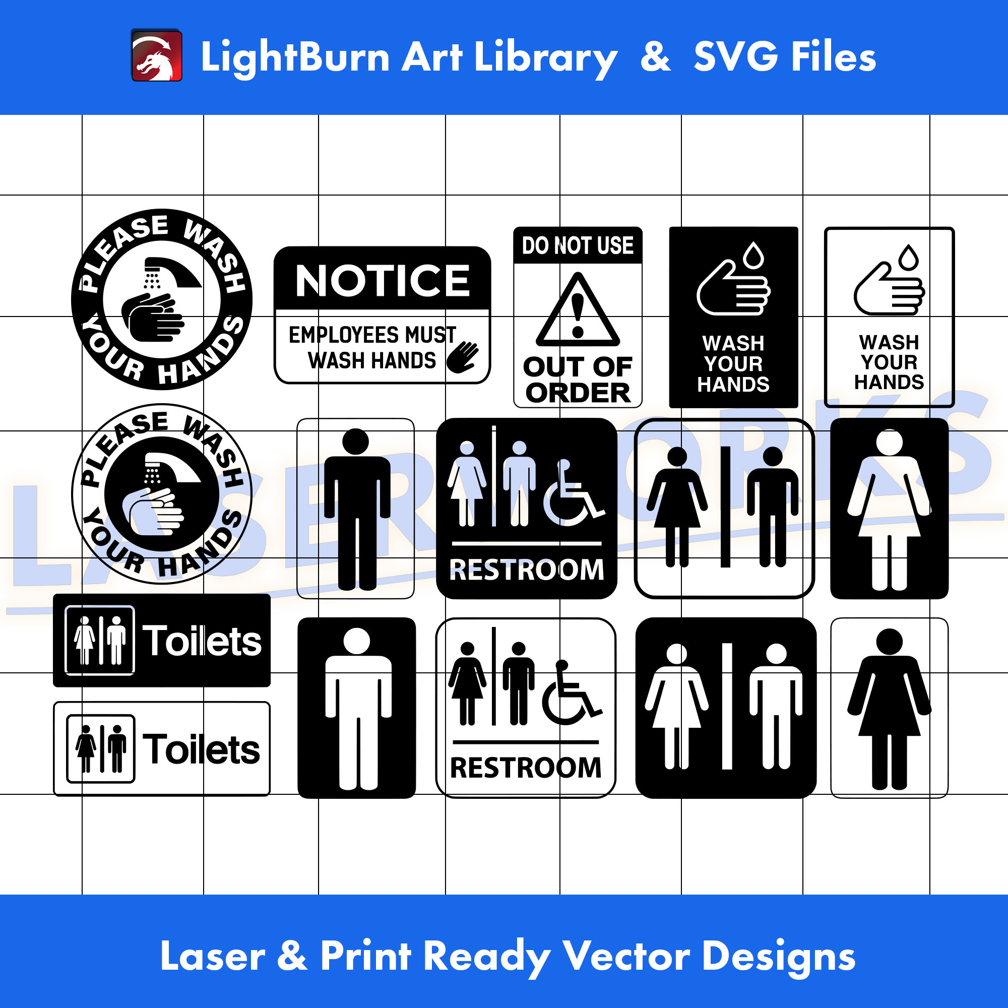 Restroom Wash Hands Marker Signs, Lightburn Art Library Digital File ...