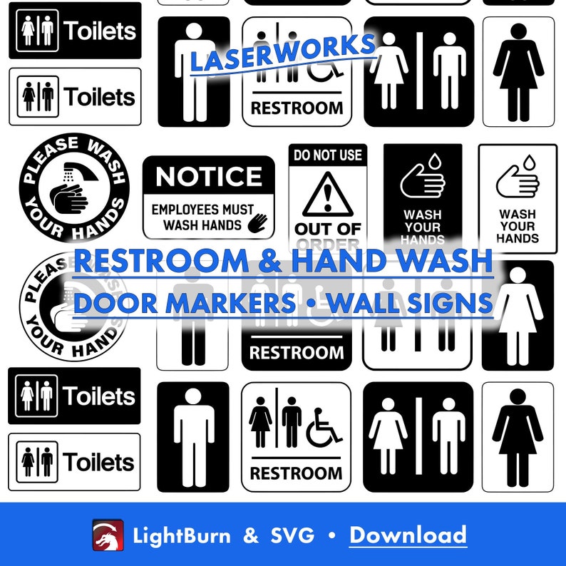 Restroom Wash Hands Marker Signs, Lightburn Art Library Digital File ...